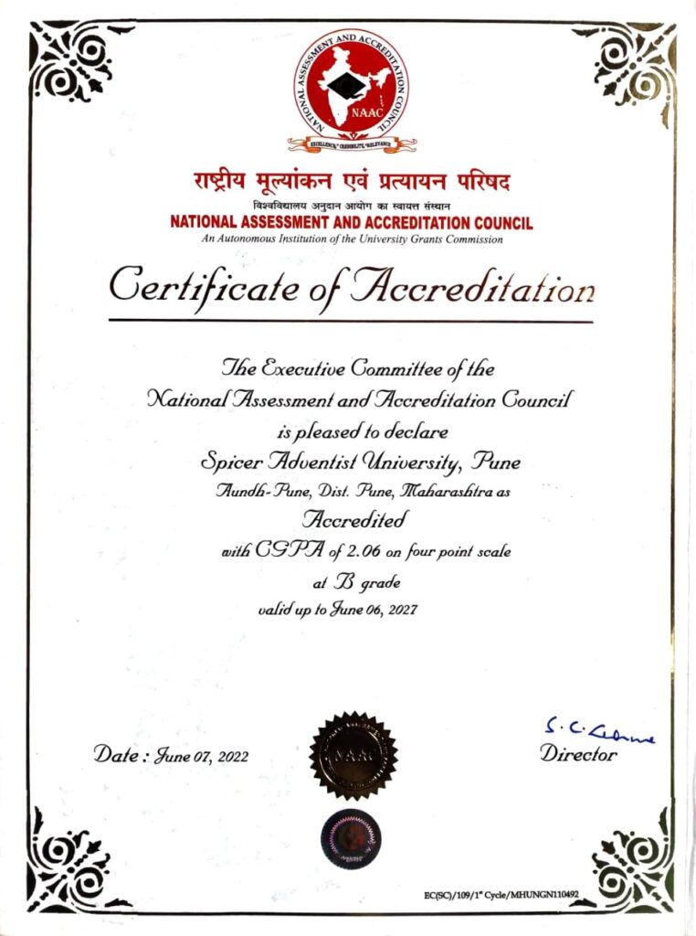 Certificate of Accreditation – Spicer Adventist University